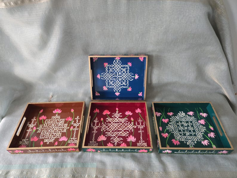 12inch Handmade Kolam Wood Tray/ Pooja Tray/ Serving Tray/ Rangoli Tray ...