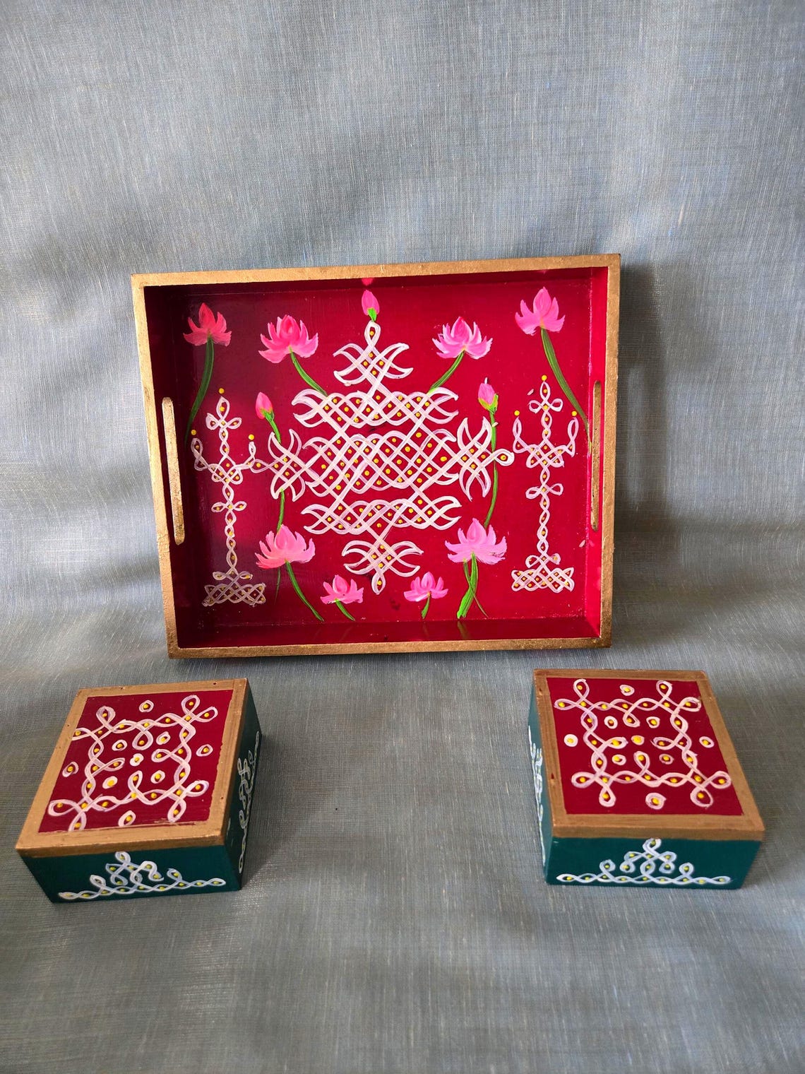 12inch Handmade Kolam Wood Tray/ Pooja Tray/ Serving Tray/ Rangoli Tray ...