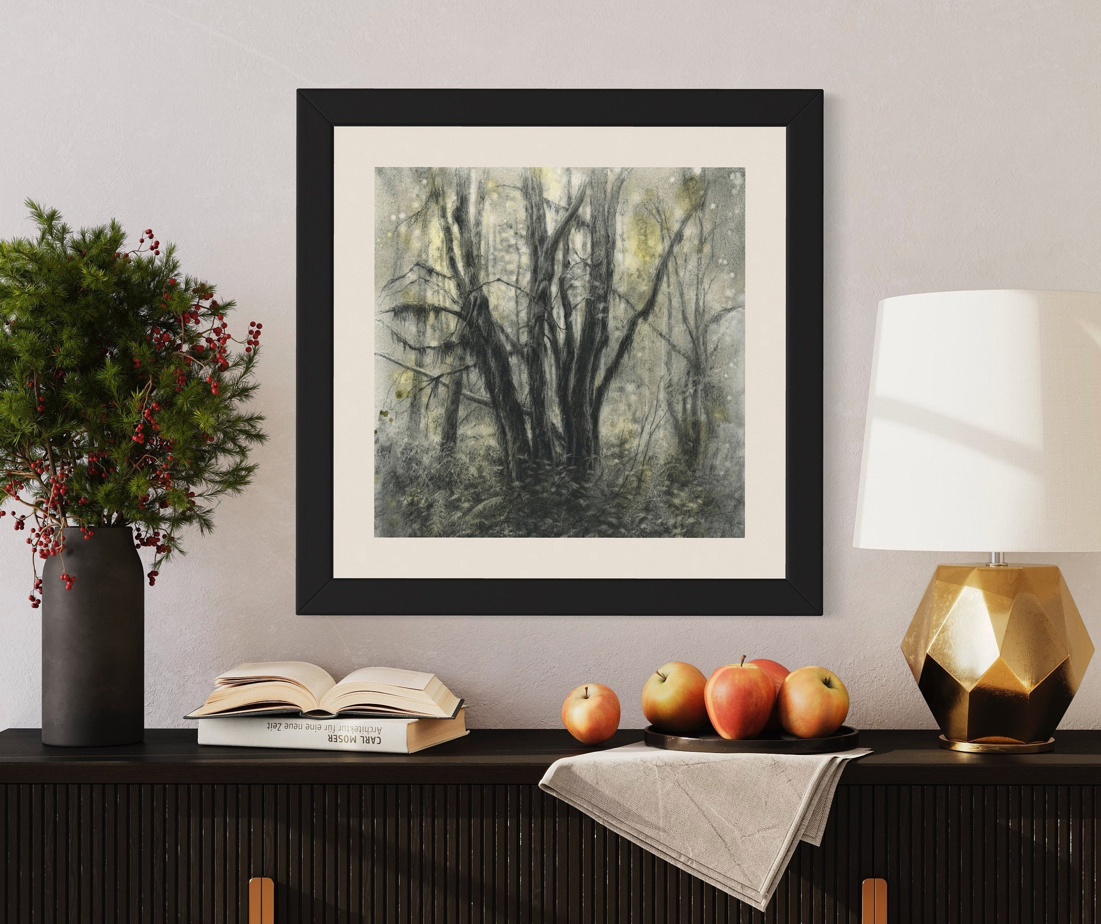 Mossy Forest Glow, Charcoal Drawing by Kyla Barnett / Unframed Fine Art ...