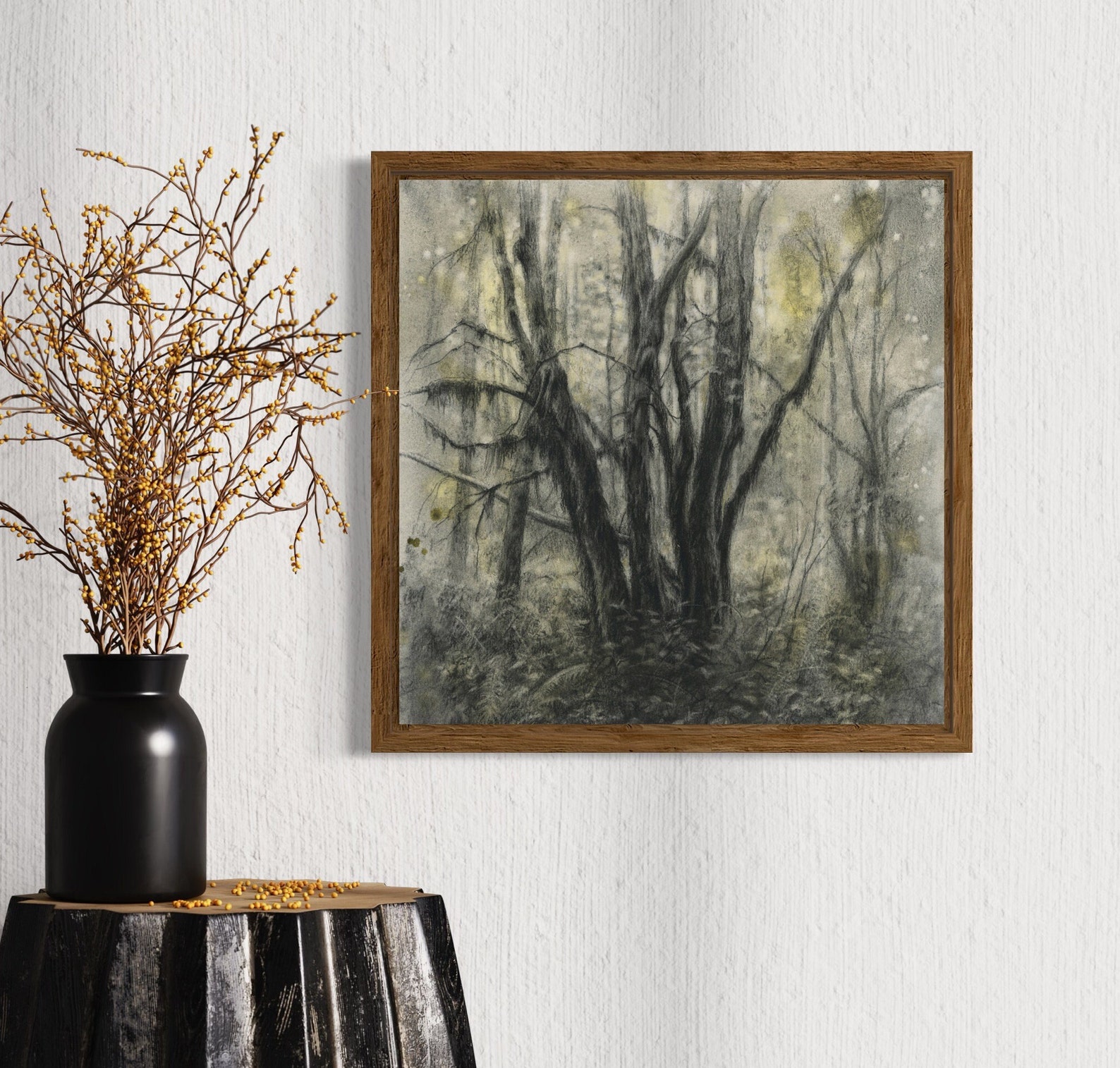Mossy Forest Glow, Charcoal Drawing by Kyla Barnett / Unframed Fine Art ...