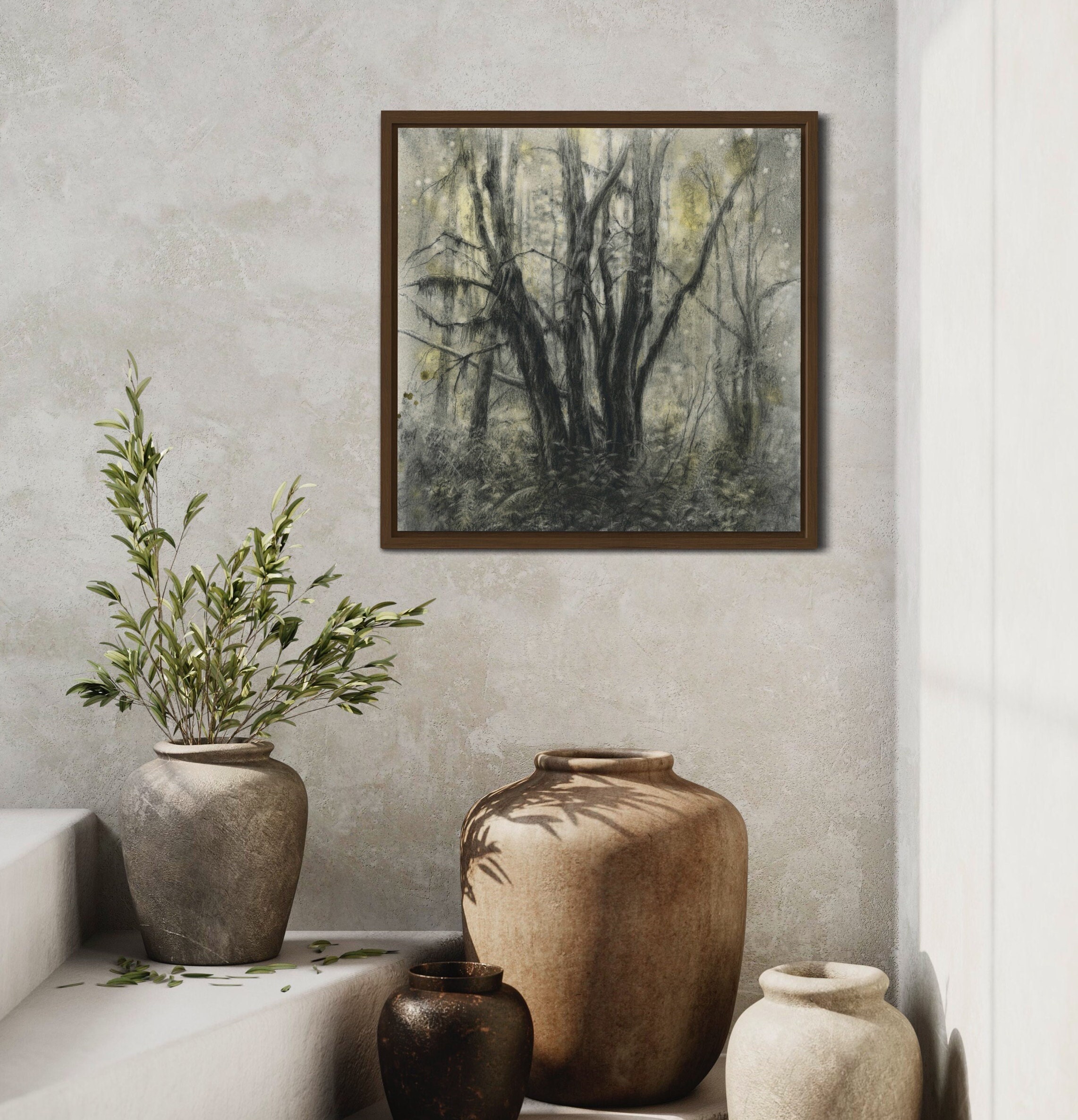 Mossy Forest Glow, Charcoal Drawing by Kyla Barnett / Unframed Fine Art ...