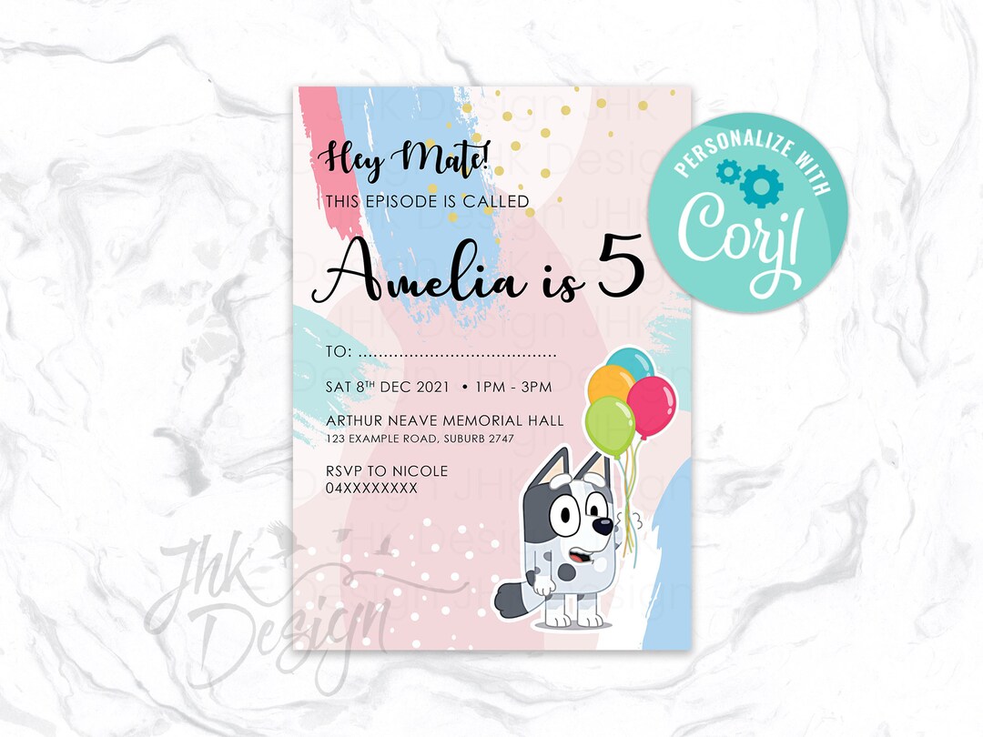 Bluey Kids Party Invitation, Pink, Blue, Pastel Paint Splash, Editable ...