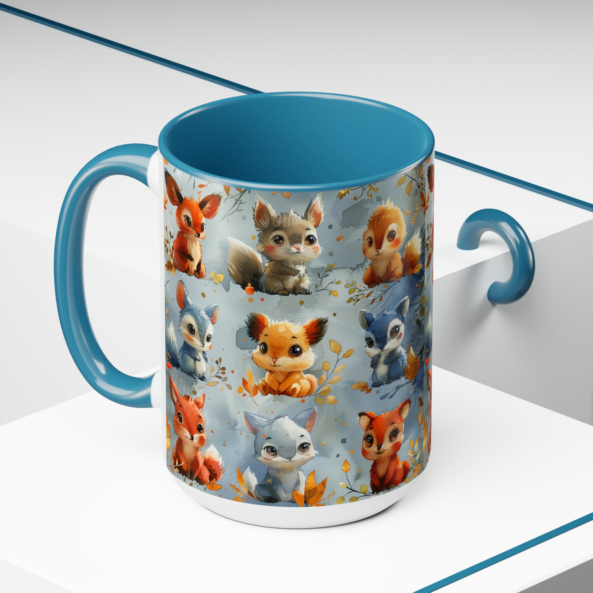 Cute Animated Animals, 15 Oz Two-tone Accent Ceramic Mug, Coffee Mug or ...