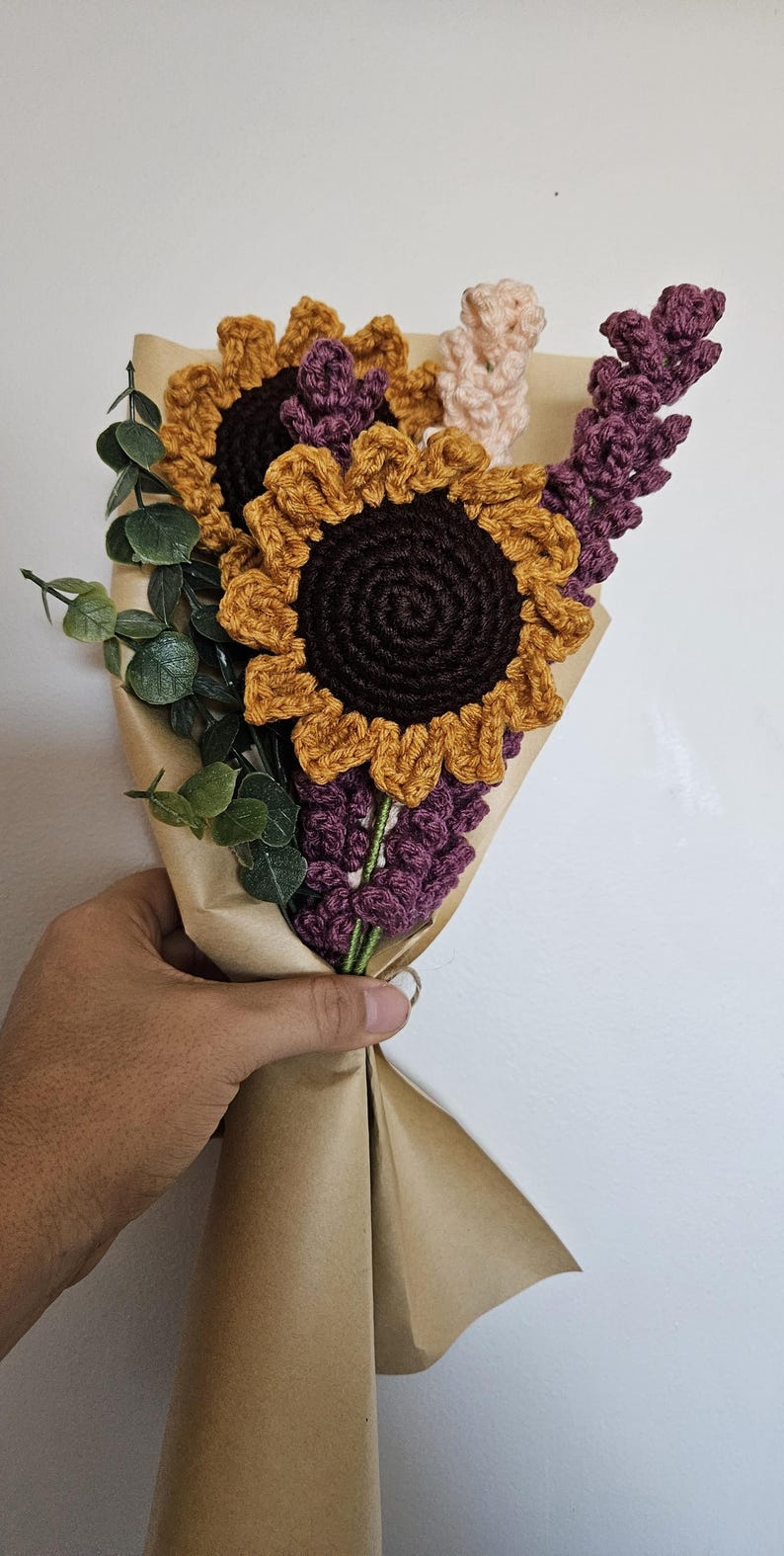 Handmade Crochet Flower Bouquet, Sunflowers, Lavender, Eucalyptus ...