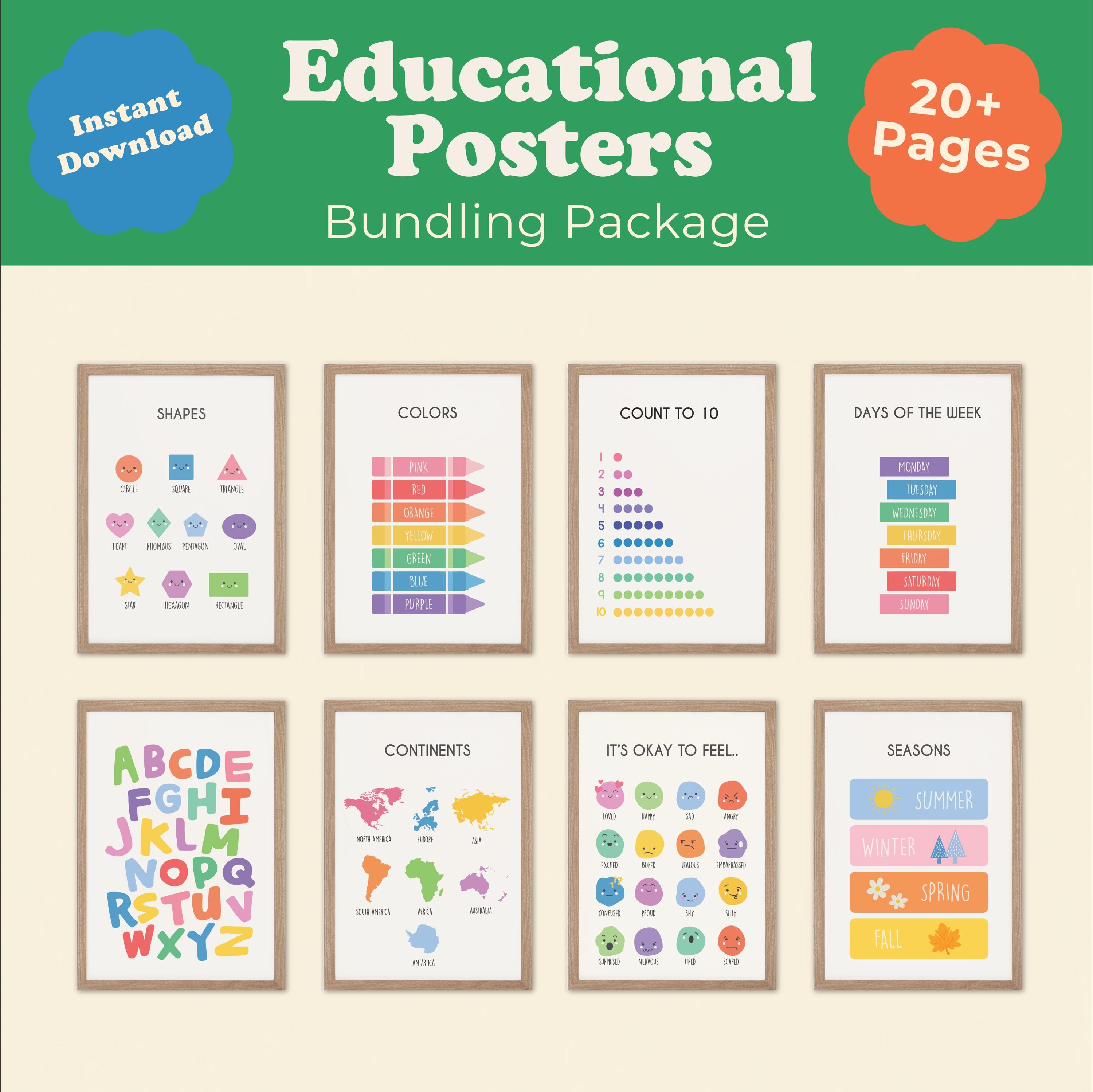 Educational Posters Bundling Pack, Playroom Art, Studyroom Wall Decor ...
