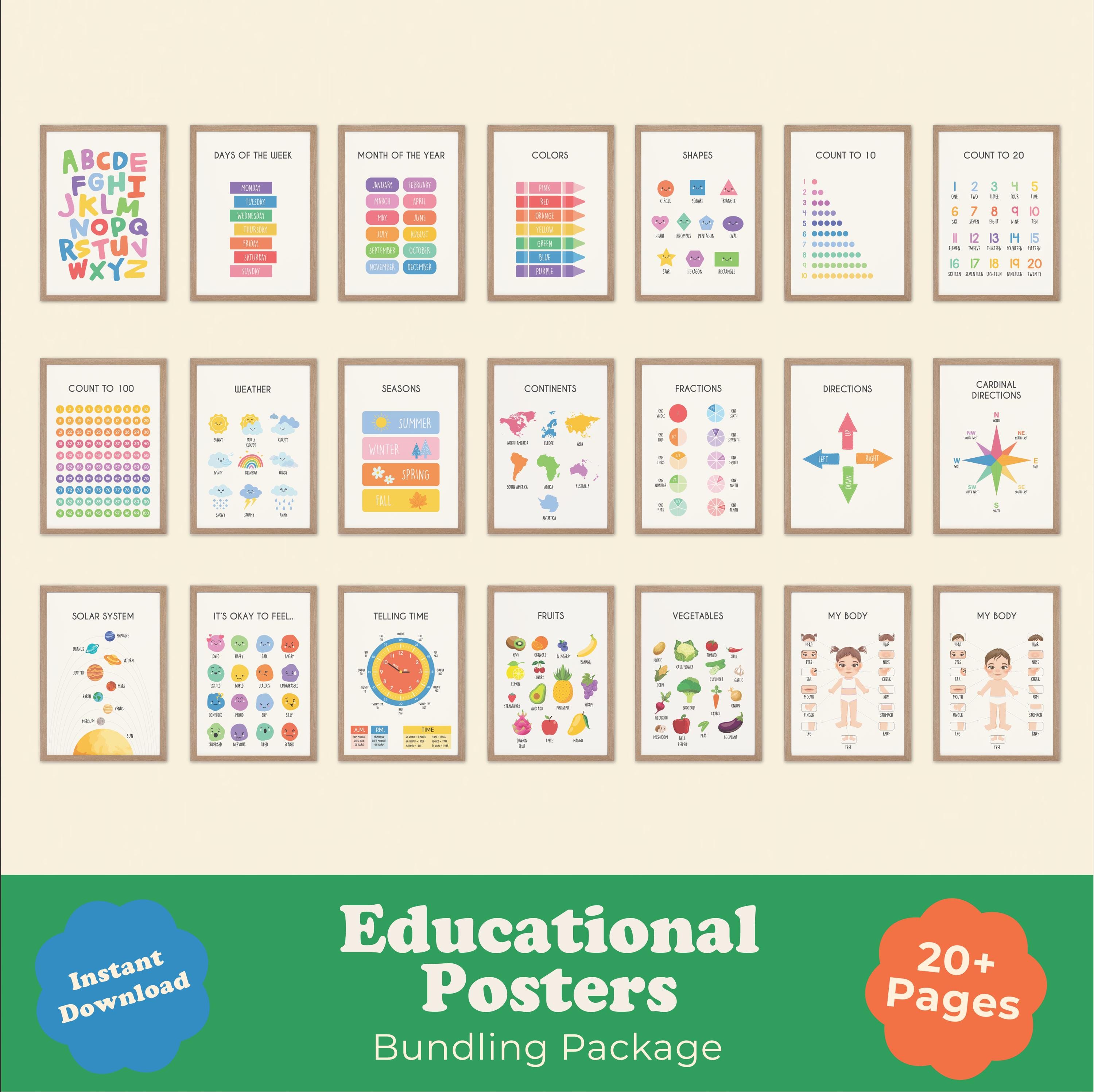Educational Posters Bundling Pack, Playroom Art, Studyroom Wall Decor ...