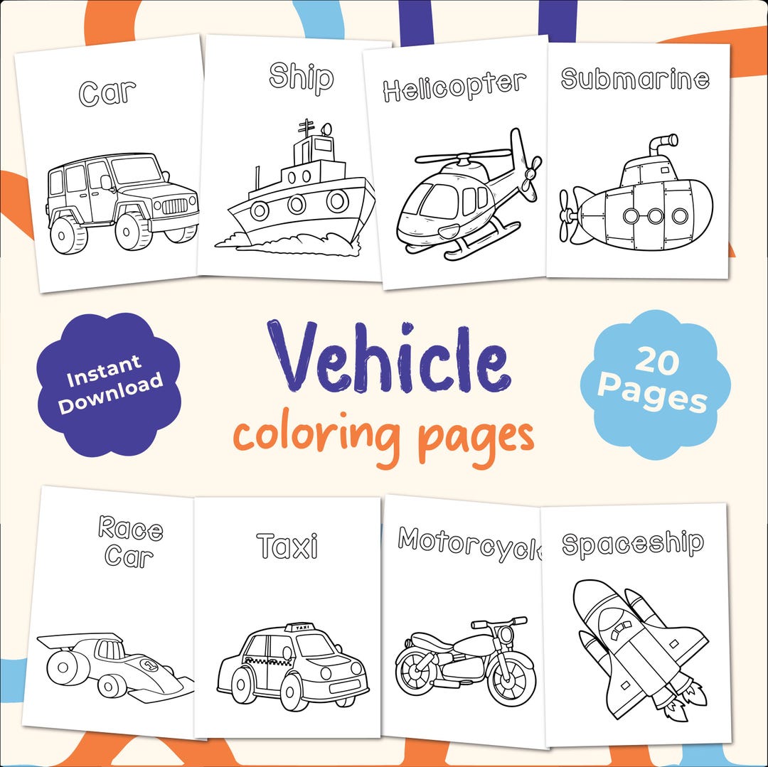 Printable Vehicle Coloring Pages, DIY Color Book, Kids Activity Pages ...