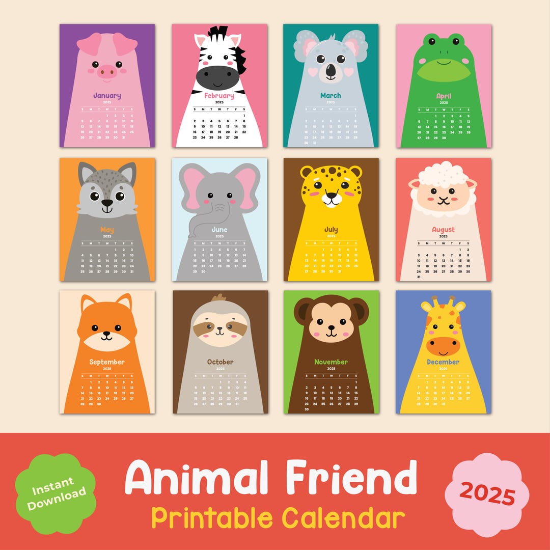 Animal Printable Calendar 2025, Digital Download, PDF Calendar, Fun ...