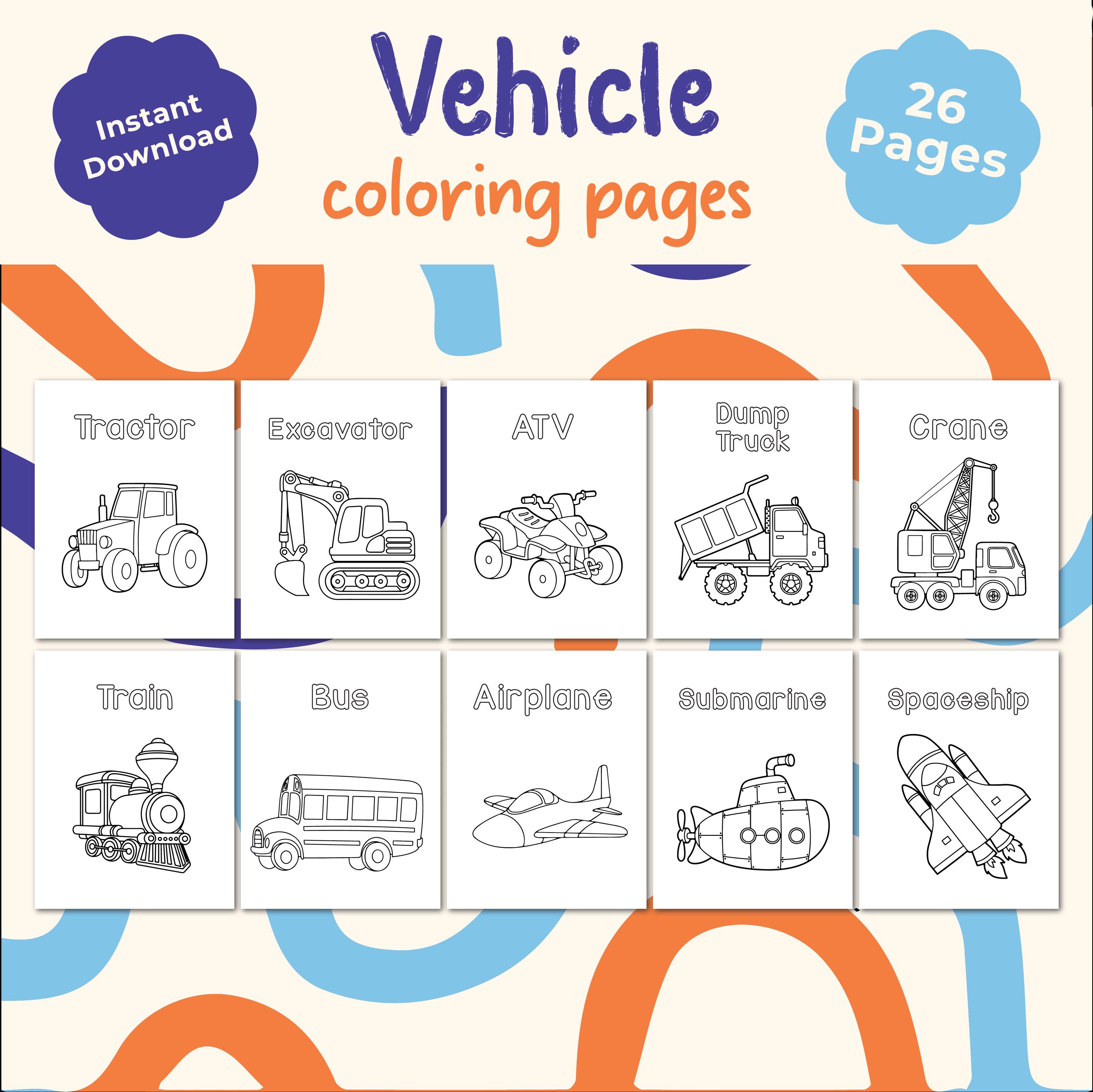 Printable Vehicle Coloring Pages, DIY Color Book, Kids Activity Pages ...