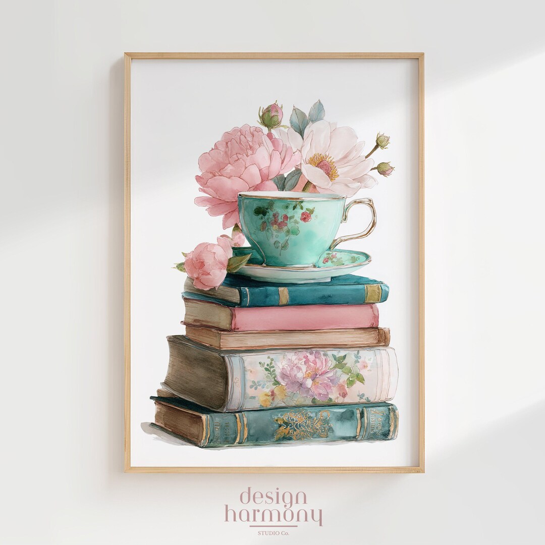 Teacup Floral Messy Coquette Wall Art, Stacked Books Digital Print ...