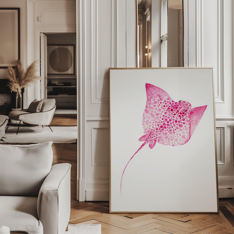 Pink Stingray Summer Watercolor Wall Art, Coastal Digital Print, Beach ...