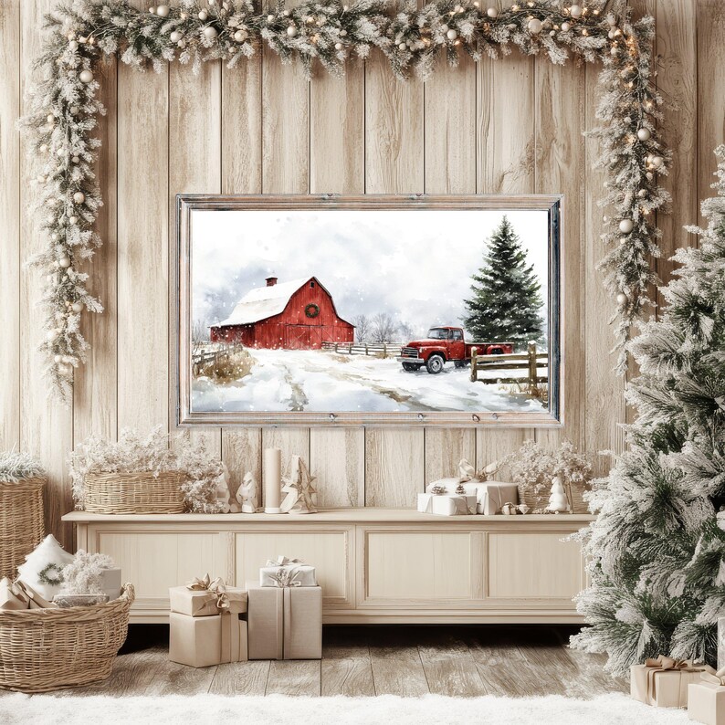 Rustic Barn Scene - Watercolor Landscape | Christmas Holiday TV Art ...