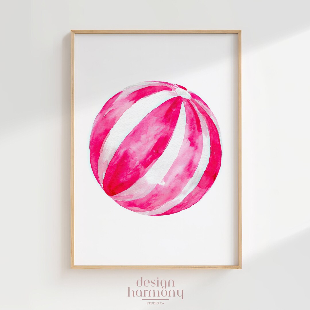 Beach Ball Summer Watercolor Wall Art, Pink Digital Print, Coastal ...