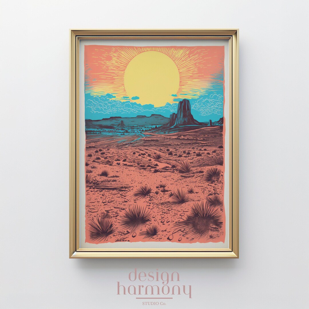 Risograph Wall Art - Sunset Desert Landscape, Digital Download, Vibrant ...