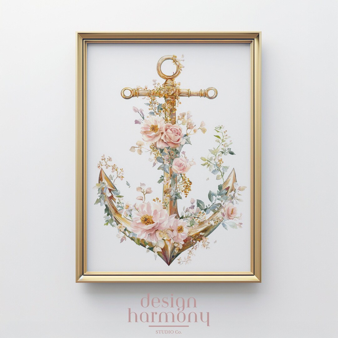Nautical Floral Anchor Digital Wall Art, Printable Ocean Theme Art ...