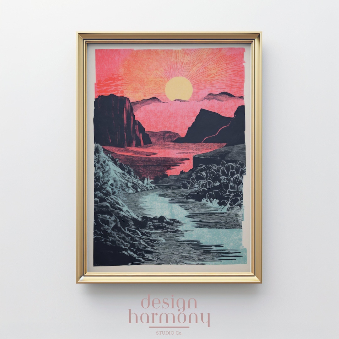 Risograph Wall Art - Vibrant Sunset Landscape, Digital Download, Modern ...