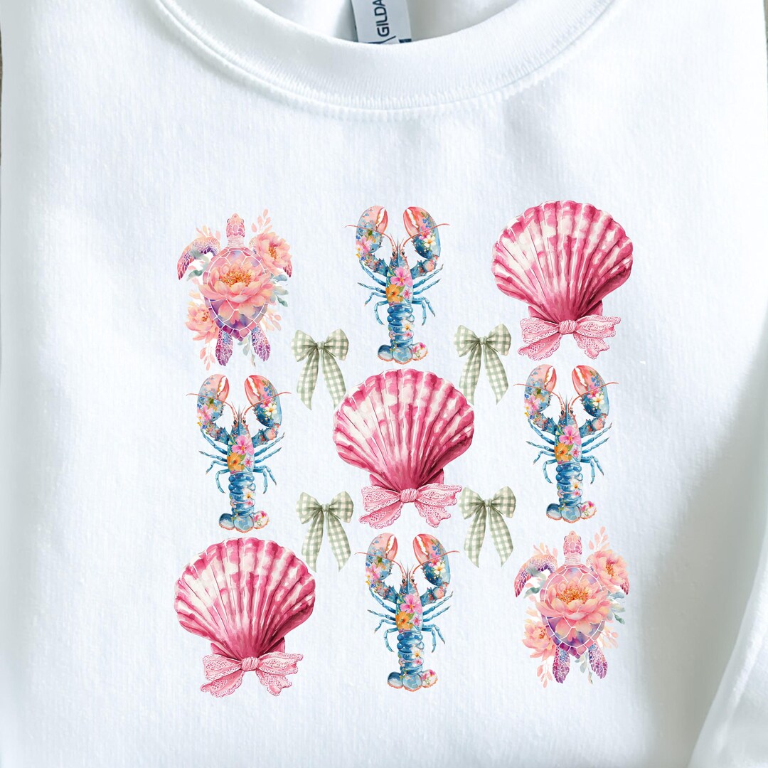 Seashell, Lobster and Turtle With Bows Coquette Summer PNG, Messy ...
