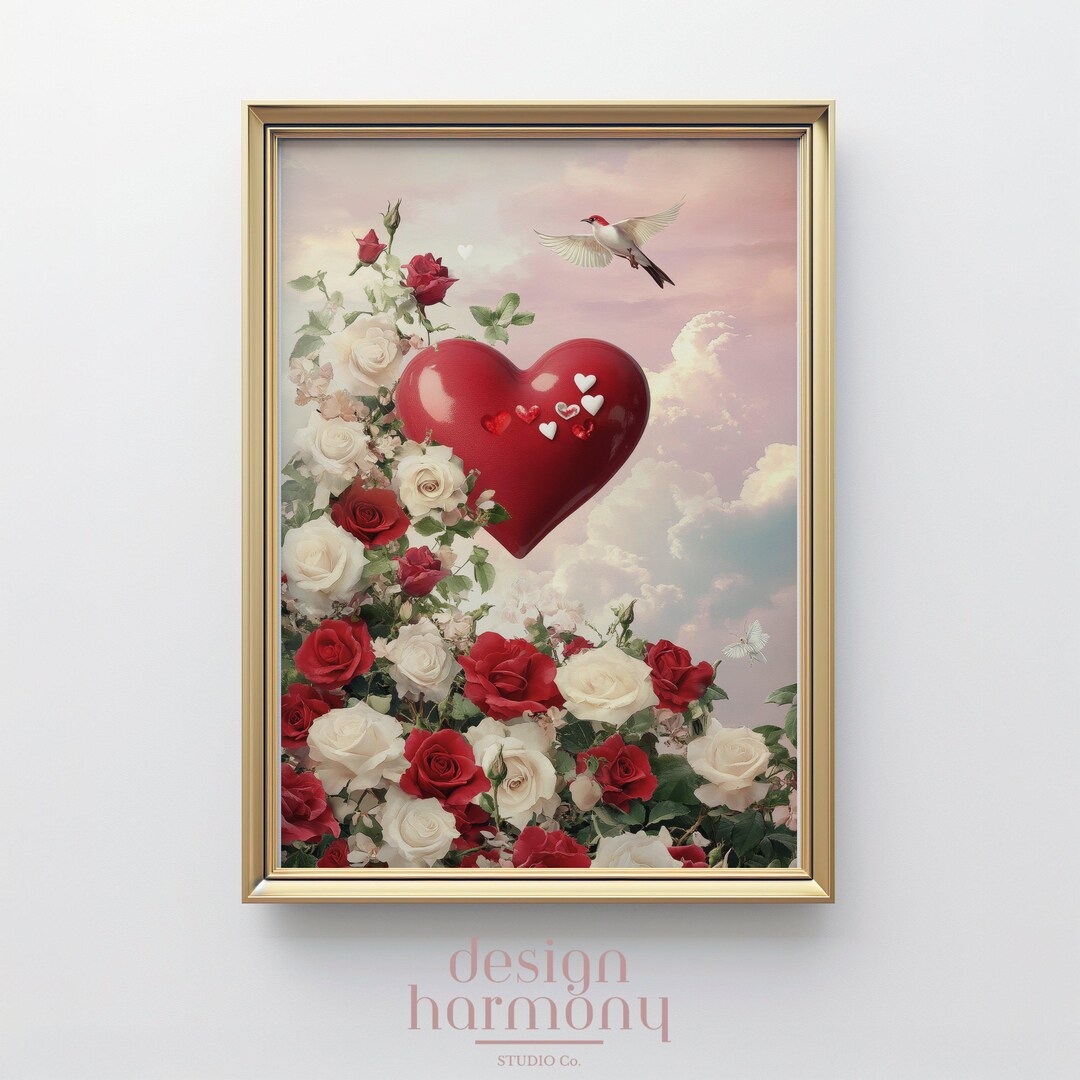 Valentines Wall Art - Red Heart With Roses, Romantic Digital Art, Love ...
