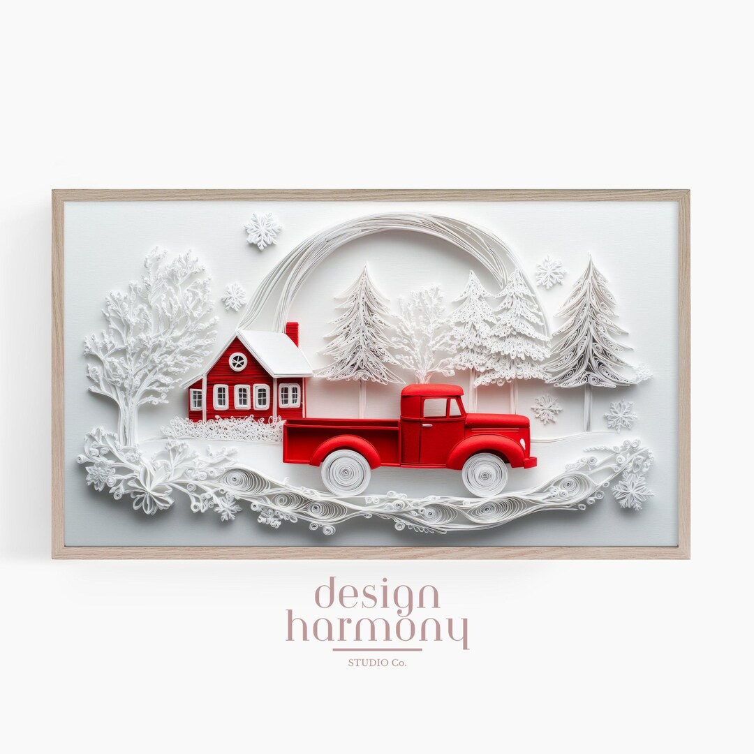 Vintage Red Truck Winter Scene, Paper Quilling Art, Christmas Decor ...
