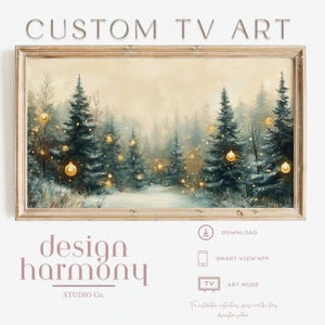 Christmas Tree Forest Scene, Traditional Art, Golden Ornaments and Snow ...