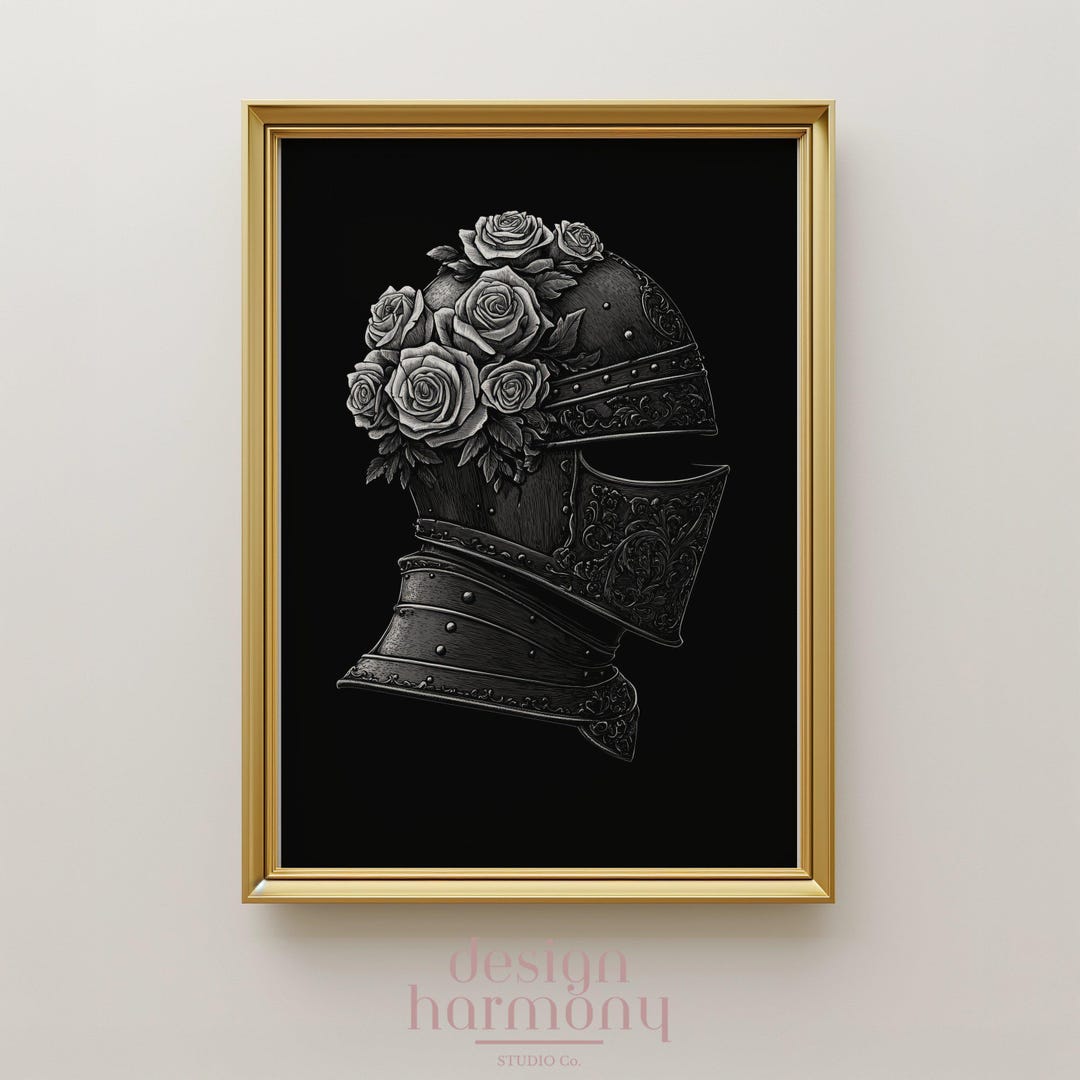Medieval Knight Helmet Art, Romantic Rose Decor, Vintage Printable Wall ...