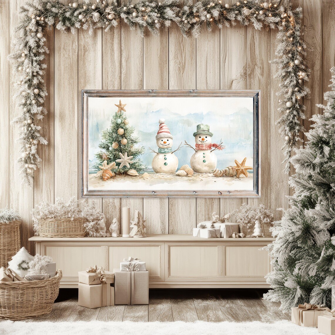 Beach Christmas Scene, Watercolor Painting, Coastal Holiday Art, for ...