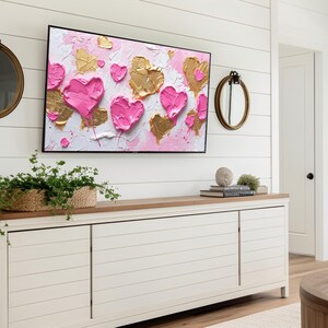 Valentine's Day Frame Tv Art, Pink Hearts, Gold, Abstract Art, Digital ...