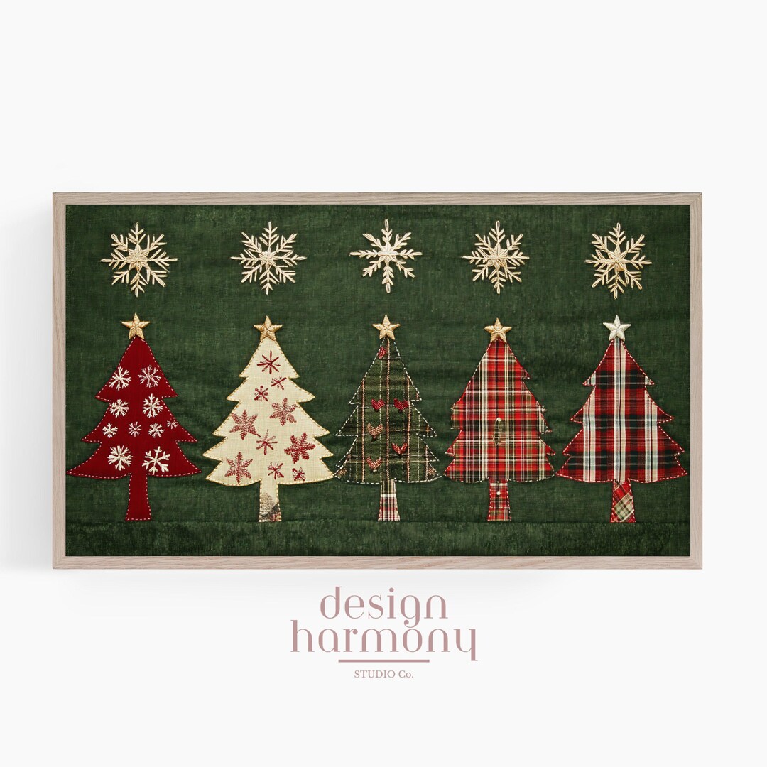 Christmas Patchwork Trees Art, Digital Illustration, Holiday Decor ...
