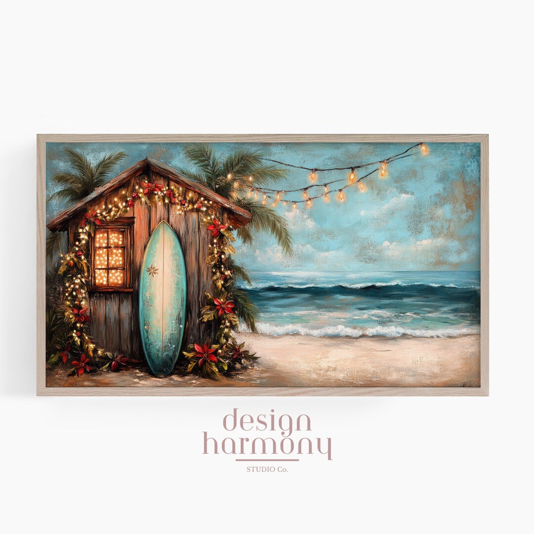 Surf Shack Christmas Scene, Coastal Holiday Decor, Lights and Palm ...