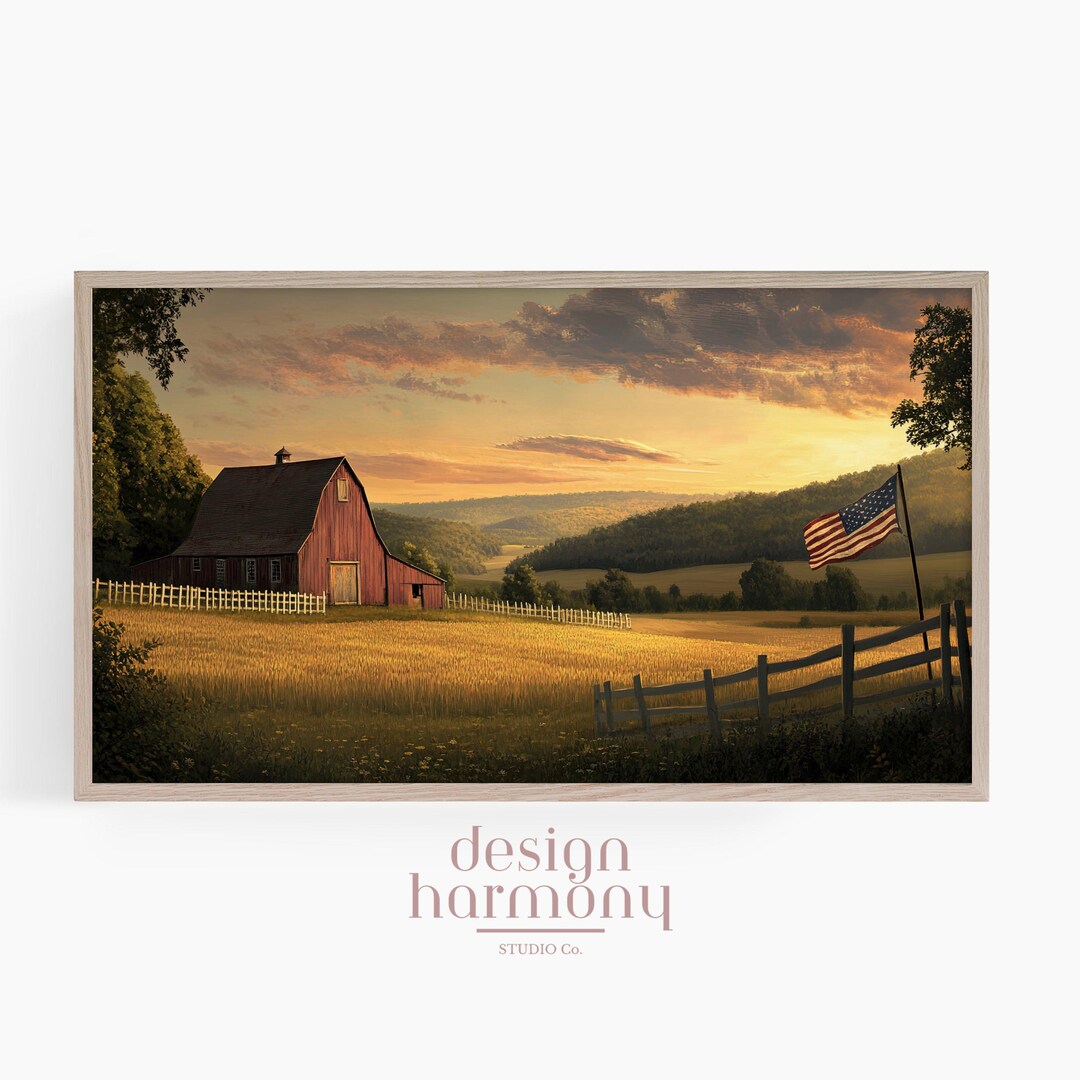 Patriotic Barn Landscape Art, Sunset Rural Scene With American Flag ...