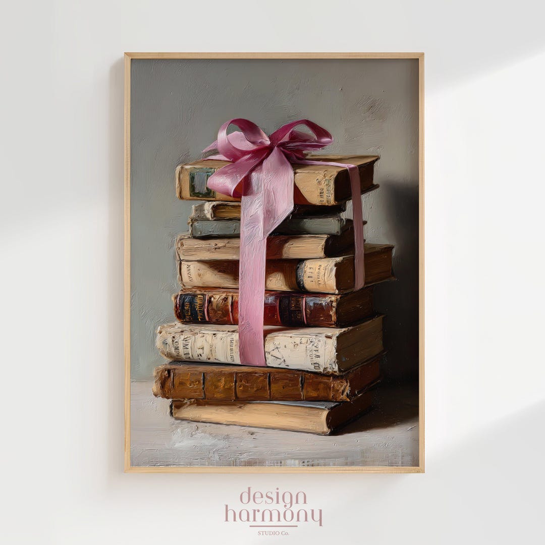 Stacked Books Coquette Summer Wall Art, Pink Bow Digital Print, Preppy ...