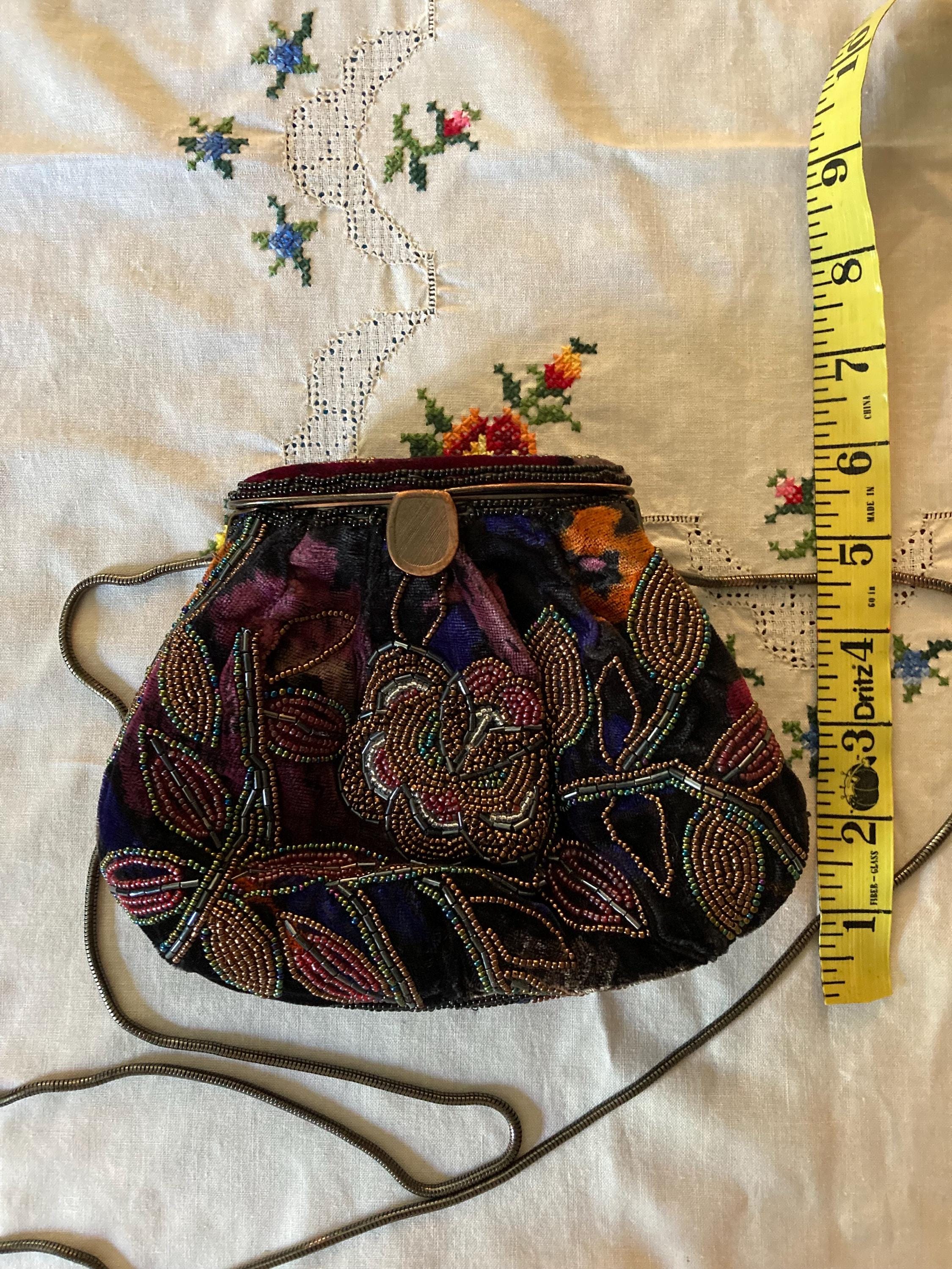 Vintage Velvet Beaded Pouch Purse With Serpentine Chain Vintage Beaded ...