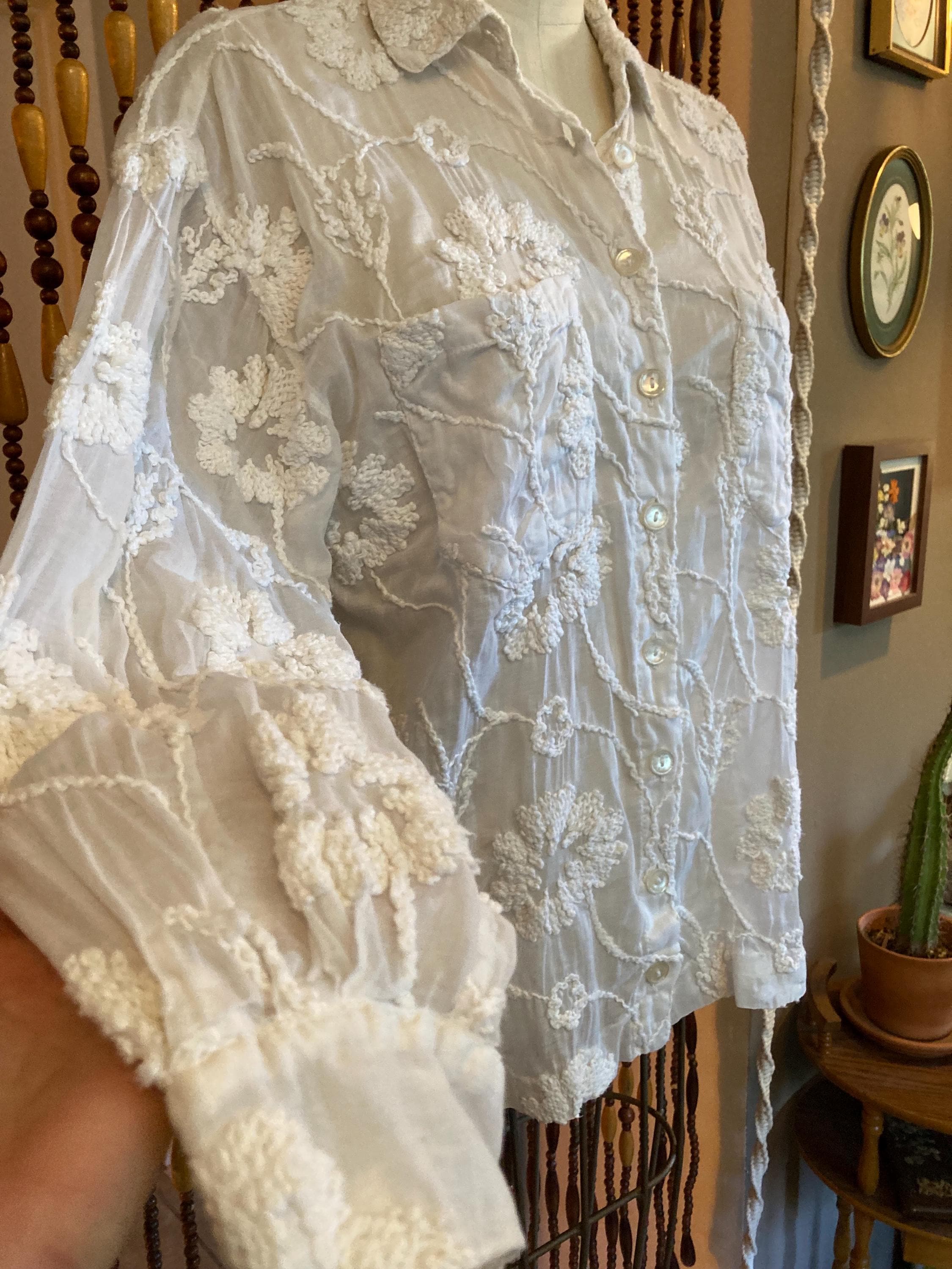 70’s Cotton Gauze Blouse With Embroidery 70’s Sheer Cotton Gauze Shirt ...