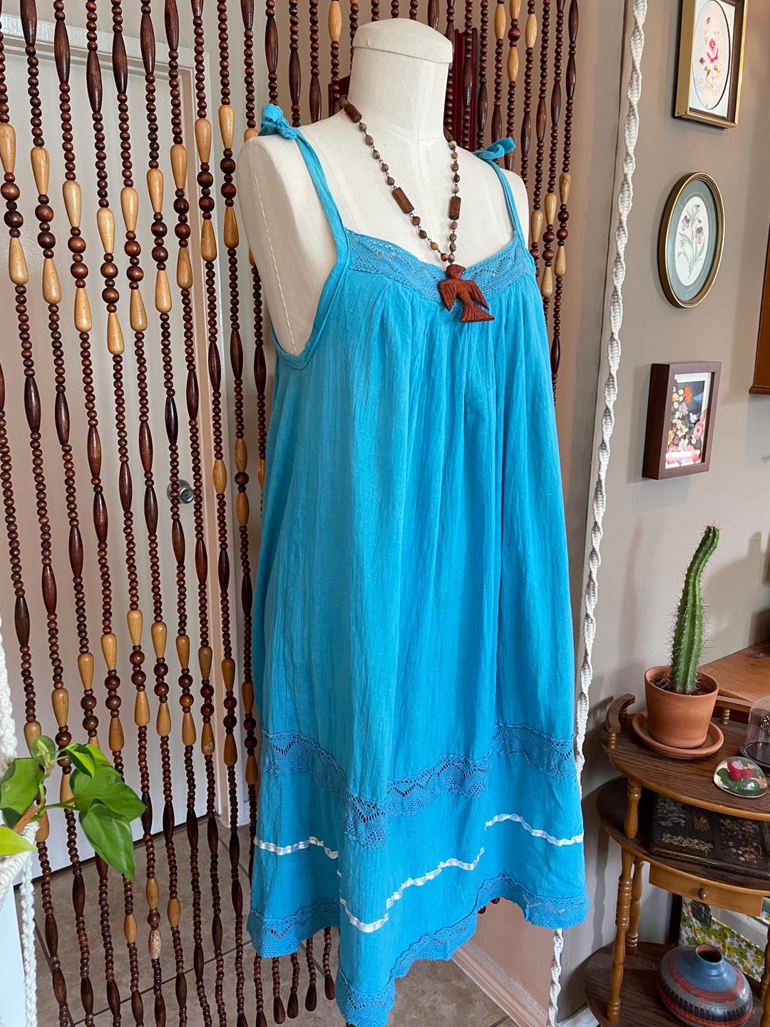 70s Mexican Cotton Gauze Sundress, Crochet Lace Boho Dress, Size 6-10 ...