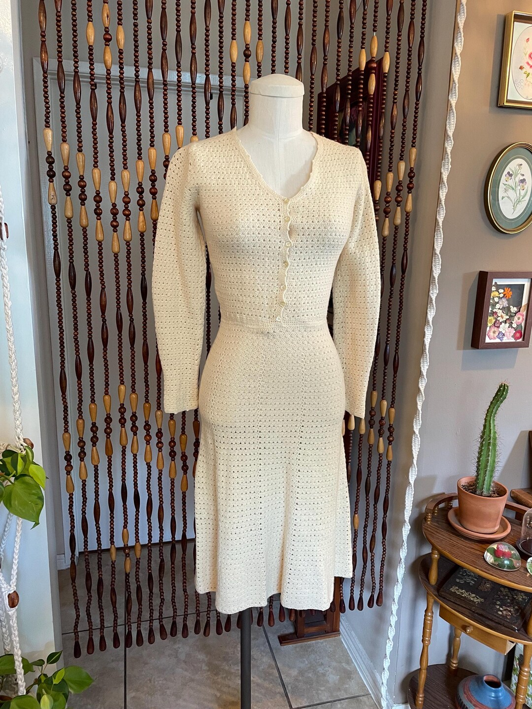 70s Hand Crochet Dress Vintage Midi Knit Dress Hand Stitched A-line ...