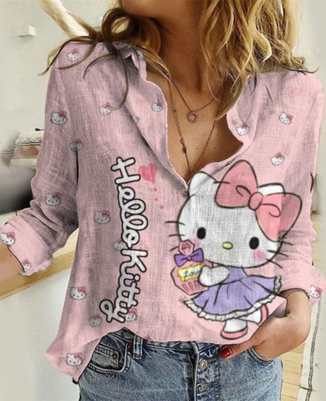 Hello Kitty Linen Shirt, Kitty Cat Linen Blouse, Kawaii Kitty Tshirt ...