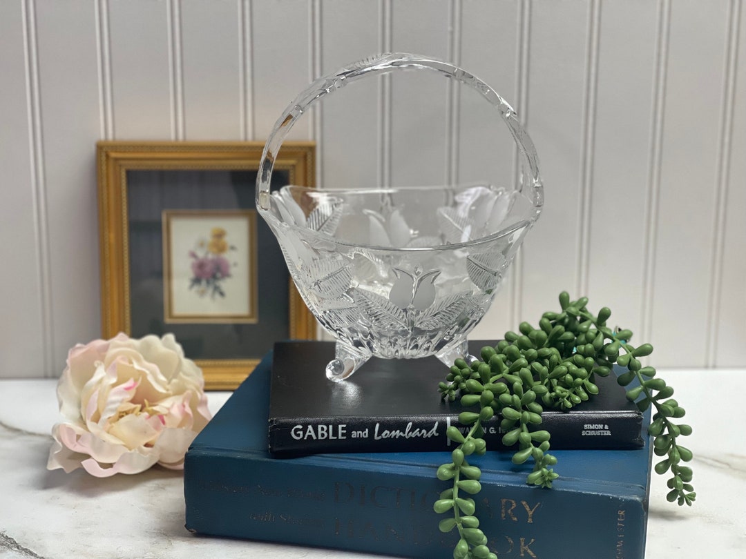 Three Footed Rose Pattern Glass Basket Vintage - Etsy