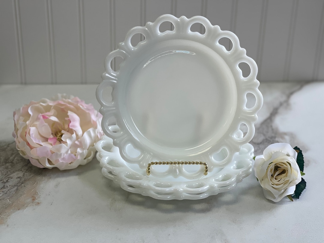 Set of 3 Vintage White Milk Glass Plates Old Colony Heart Lace Rim - Etsy