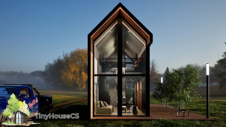 Modern Small Cabin Plan: Tiny House Design 26'x10' (7x3m) PDF, CAD, SKP ...