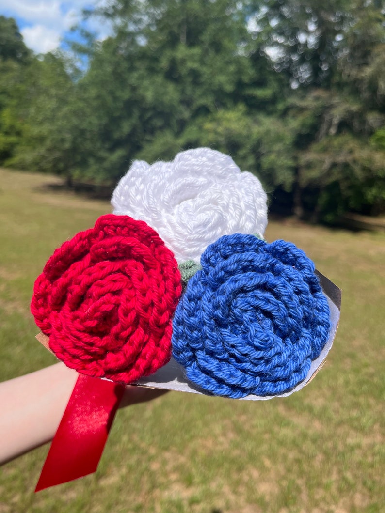 Handmade Crochet Patriotic Rose Bouquet – Red, White, and Blue Flowers ...