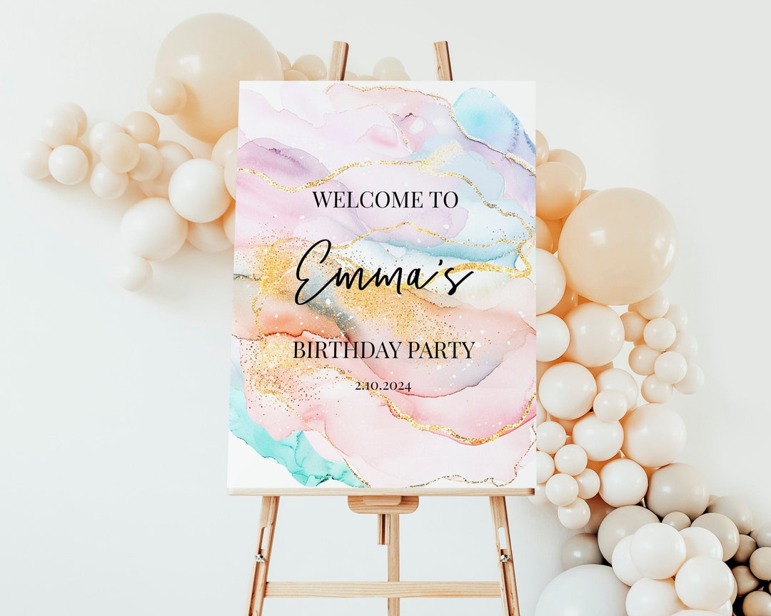Pastel Watercolor Welcome Sign Birthday Welcome Poster Rainbow Marble ...
