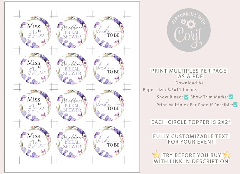 Purple Cupcake Toppers, Bridal Shower Cupcake Toppers, Printable ...