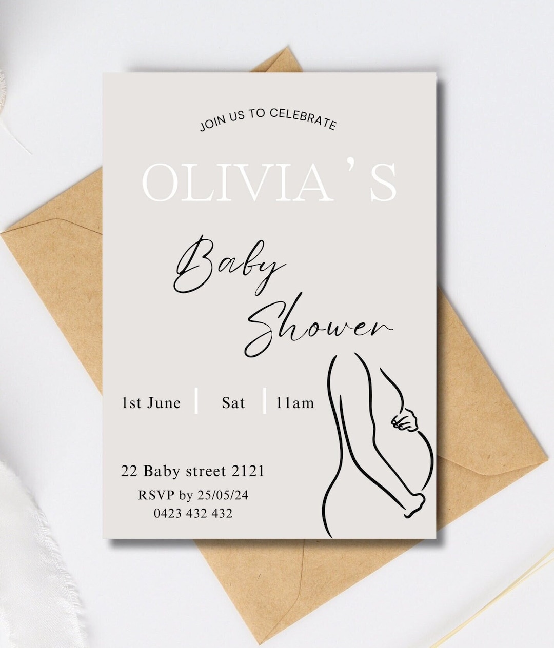 Editable Baby Bump Baby Shower Invitations, Beige Invitations, Digital ...