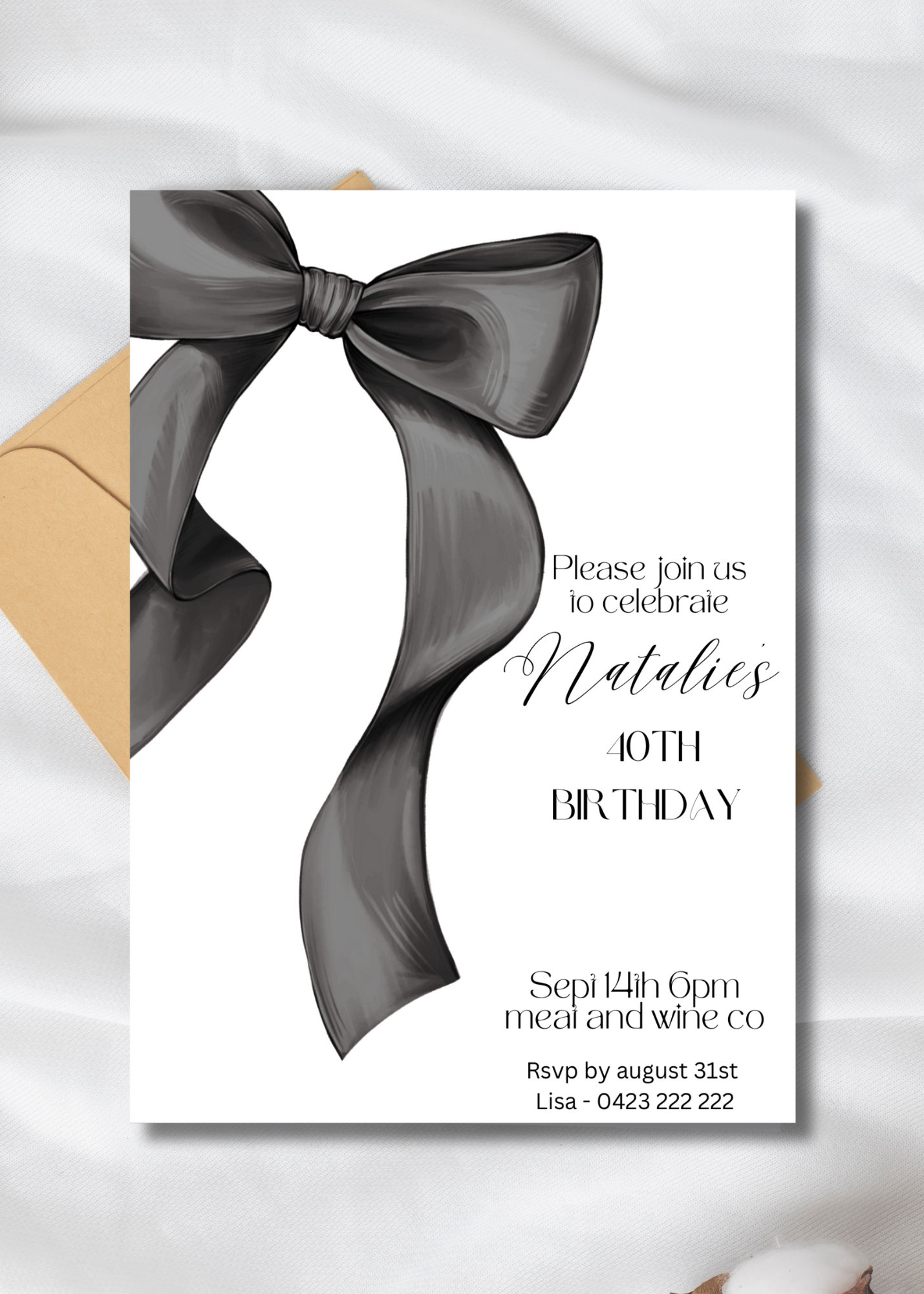 Black Bow Invitations, Black Bow, Birthday Invitations, 40th Birthday ...