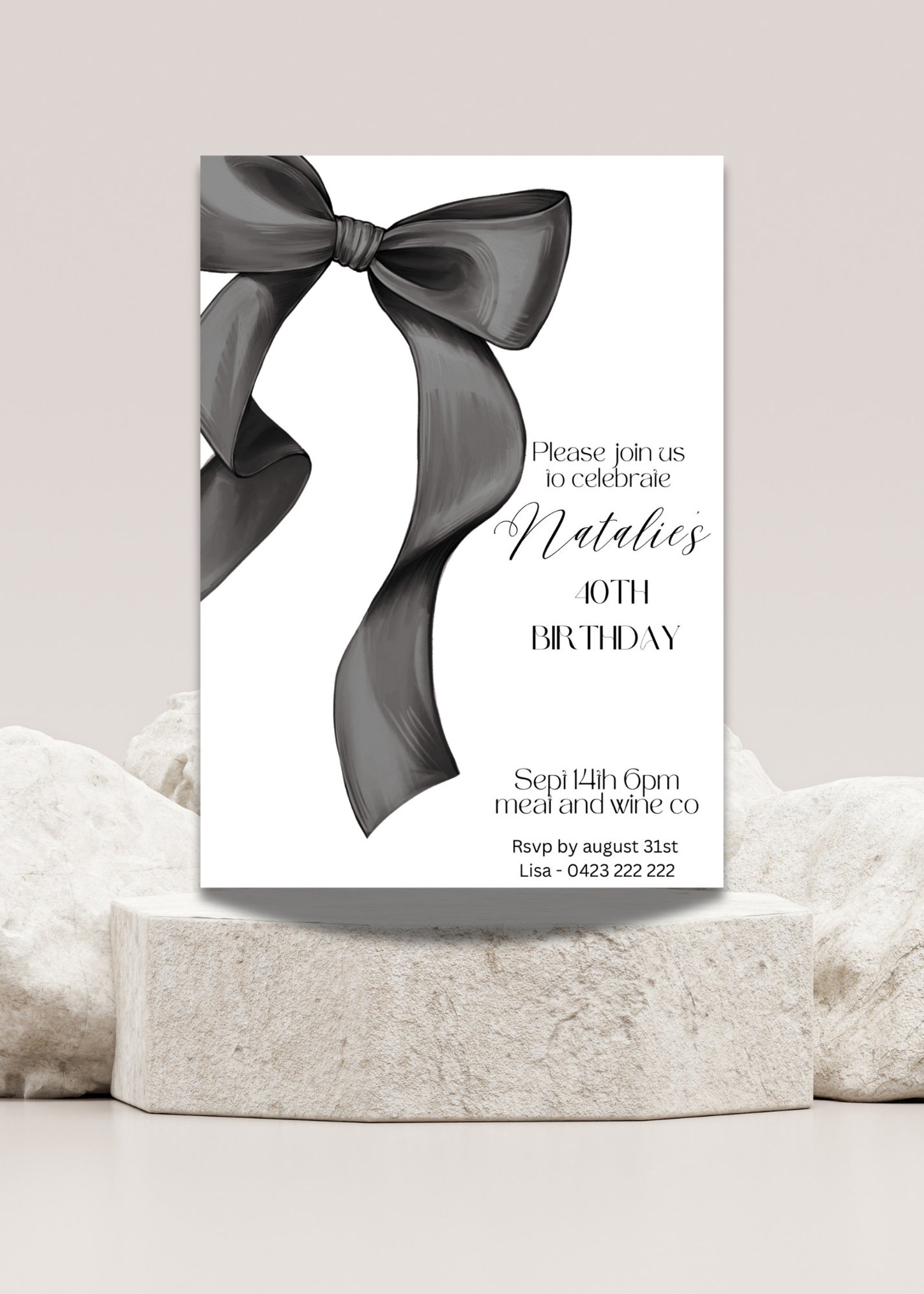 Black Bow Invitations, Black Bow, Birthday Invitations, 40th Birthday ...