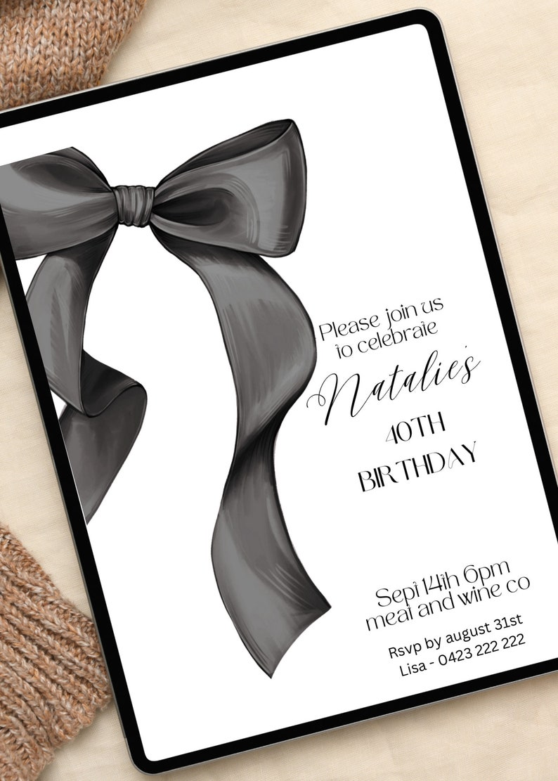 Black Bow Invitations, Black Bow, Birthday Invitations, 40th Birthday ...