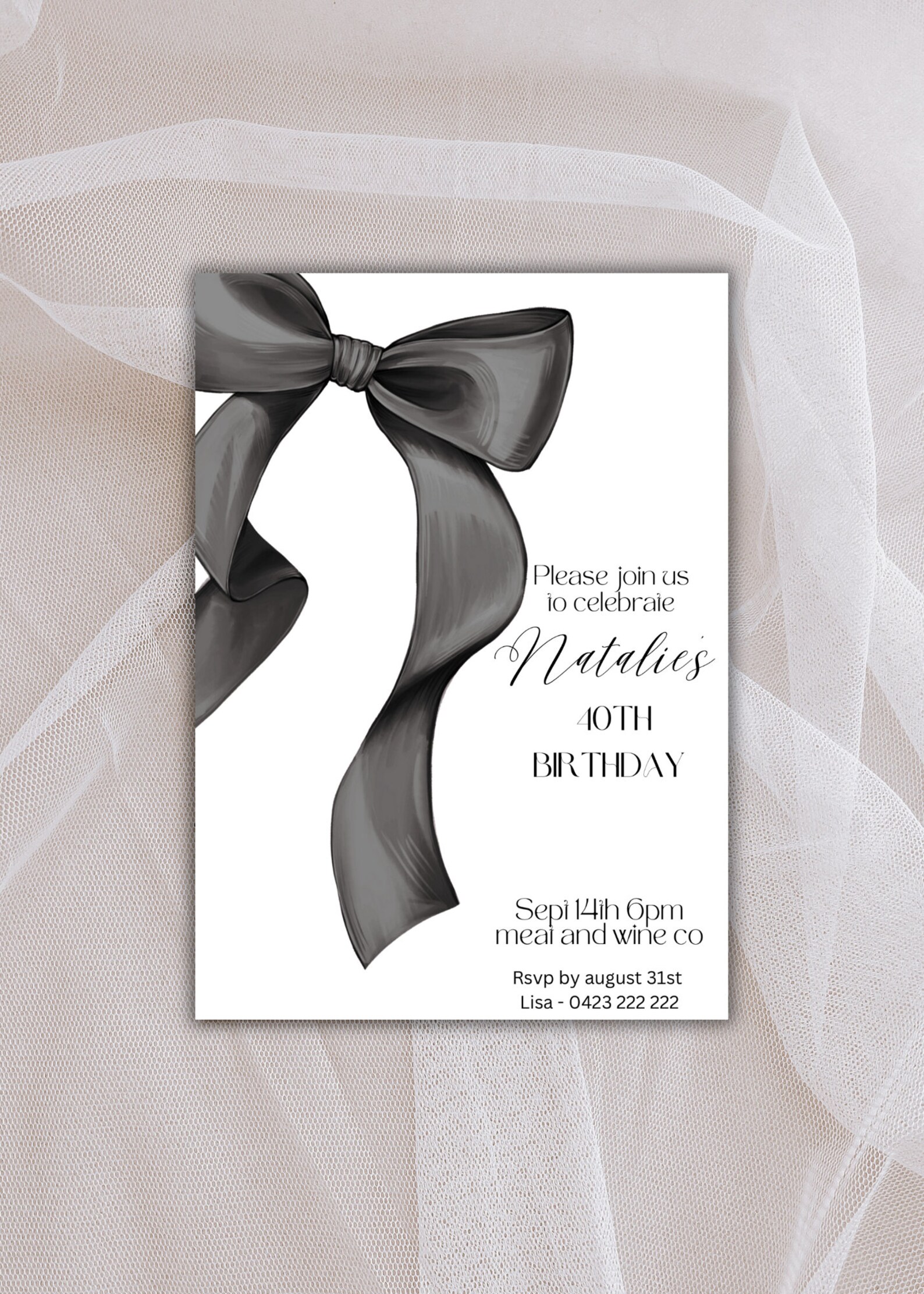 Black Bow Invitations, Black Bow, Birthday Invitations, 40th Birthday ...