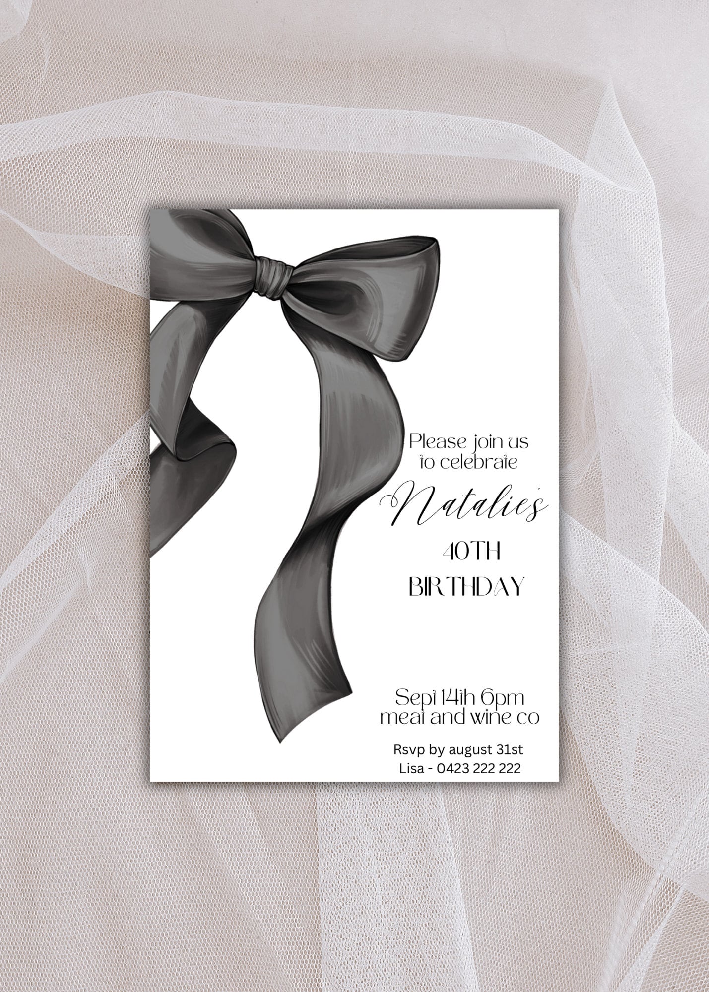 Black Bow Invitations, Black Bow, Birthday Invitations, 40th Birthday ...