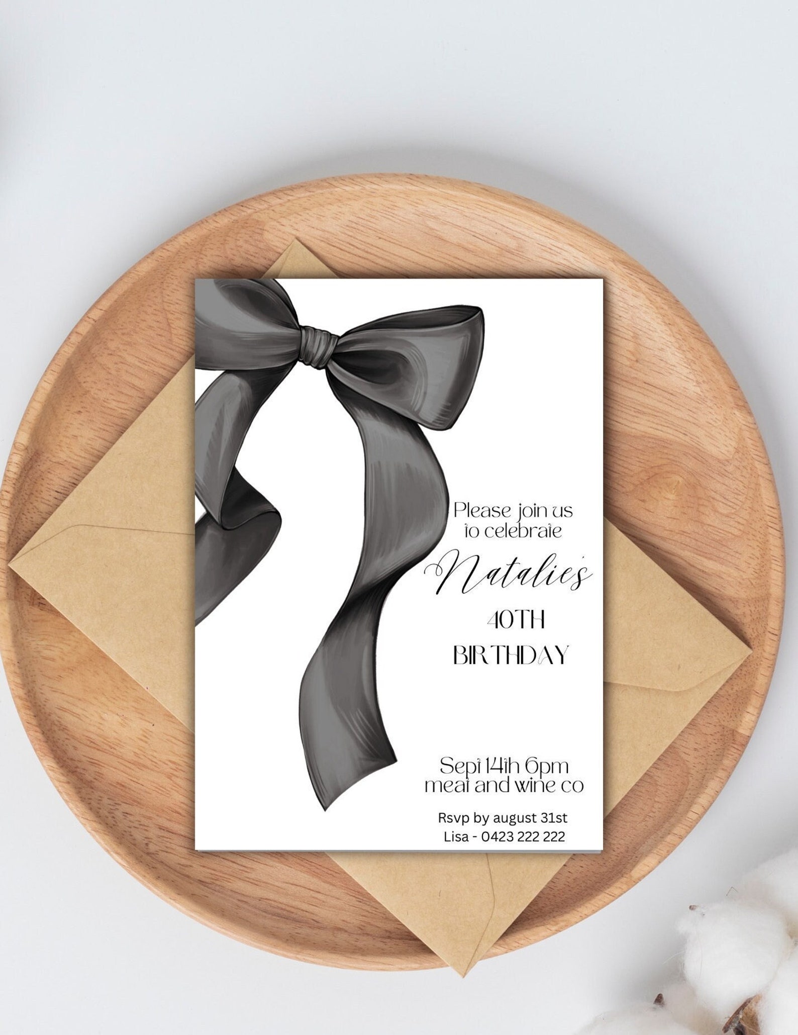Black Bow Invitations, Black Bow, Birthday Invitations, 40th Birthday ...