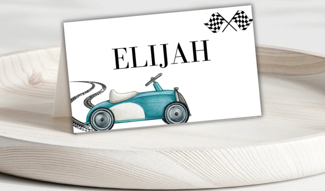 Editable Race Car Name Tags, Fast One Name Tags, Blue Car, Digital ...